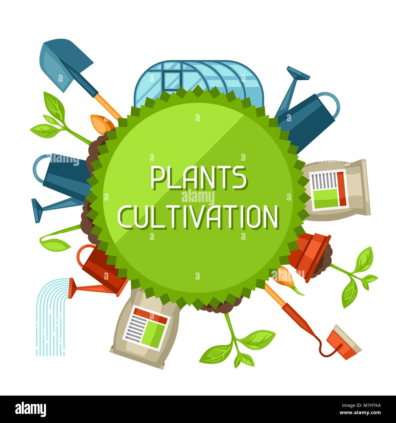 Concept with agriculture objects. Instruments for cultivation, plants ...