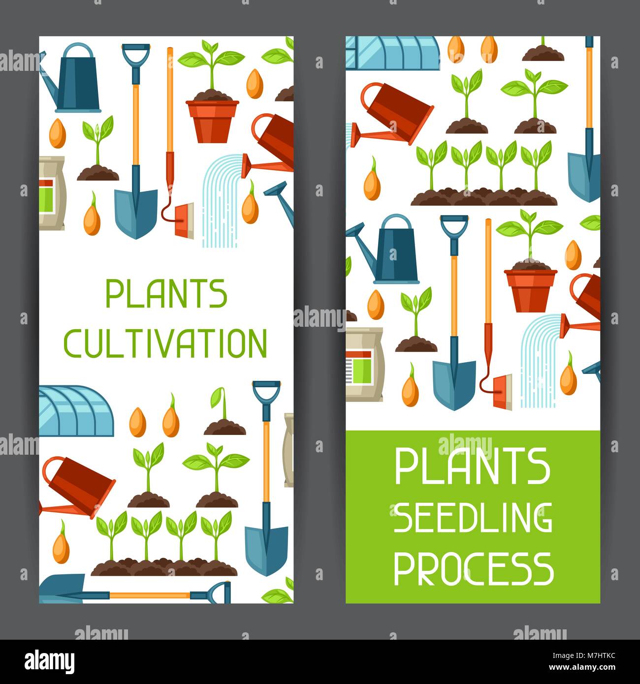 Banners with agriculture objects. Instruments for cultivation, plants ...