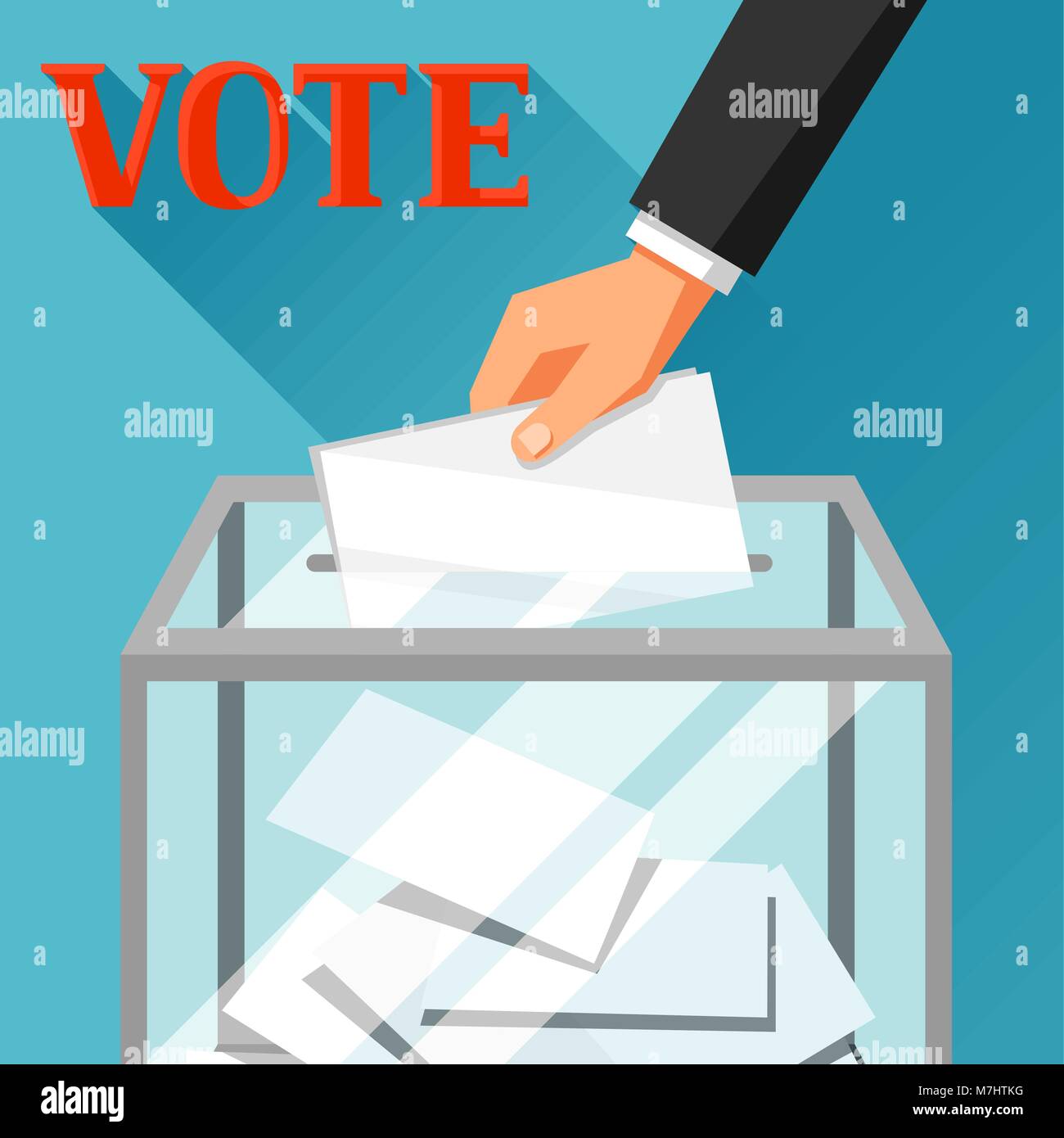 Hand putting voting paper in ballot box. Political elections ...