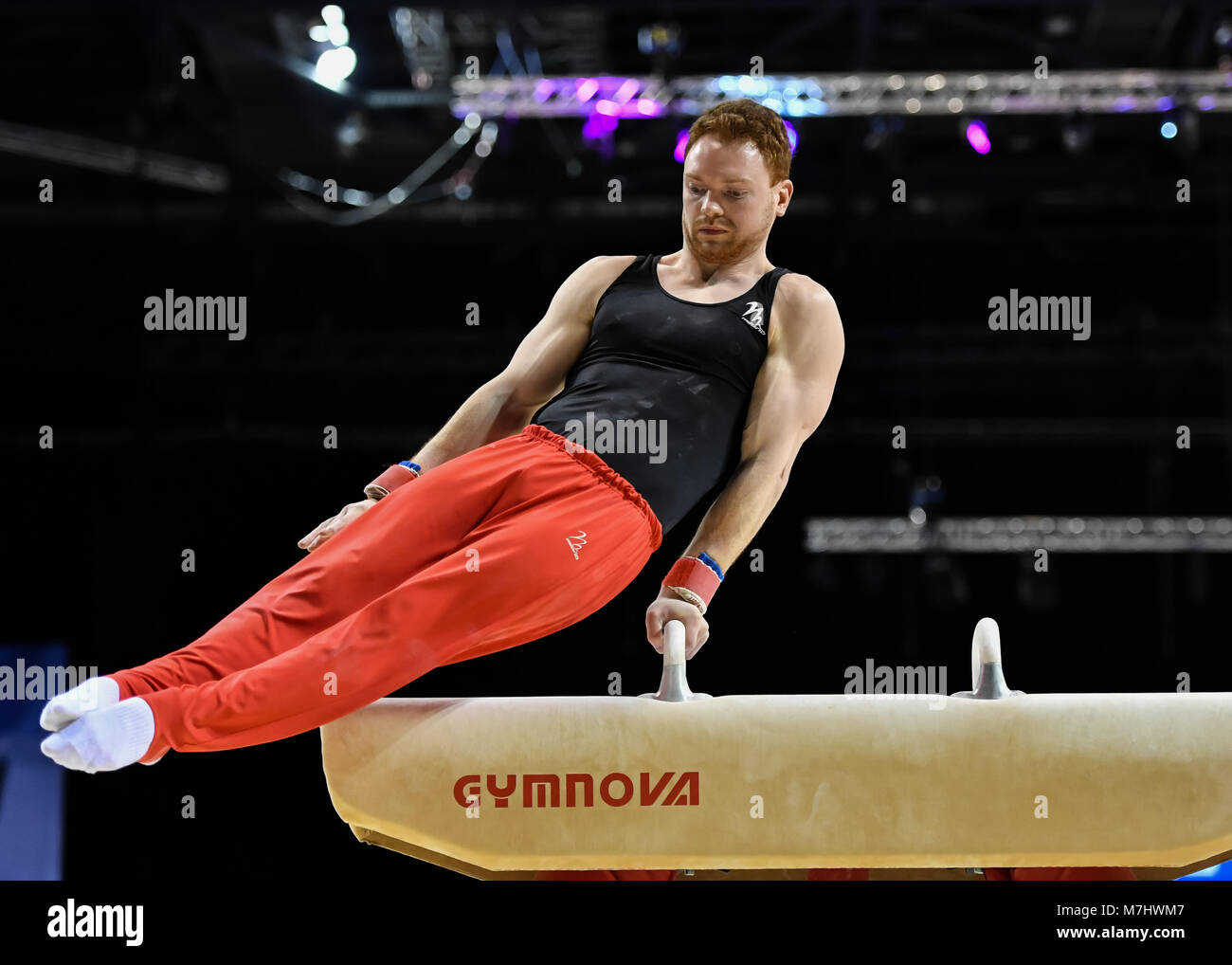 Liverpool, UK. 10th March, 2018. Daniel Purvis competes on the Pommel ...
