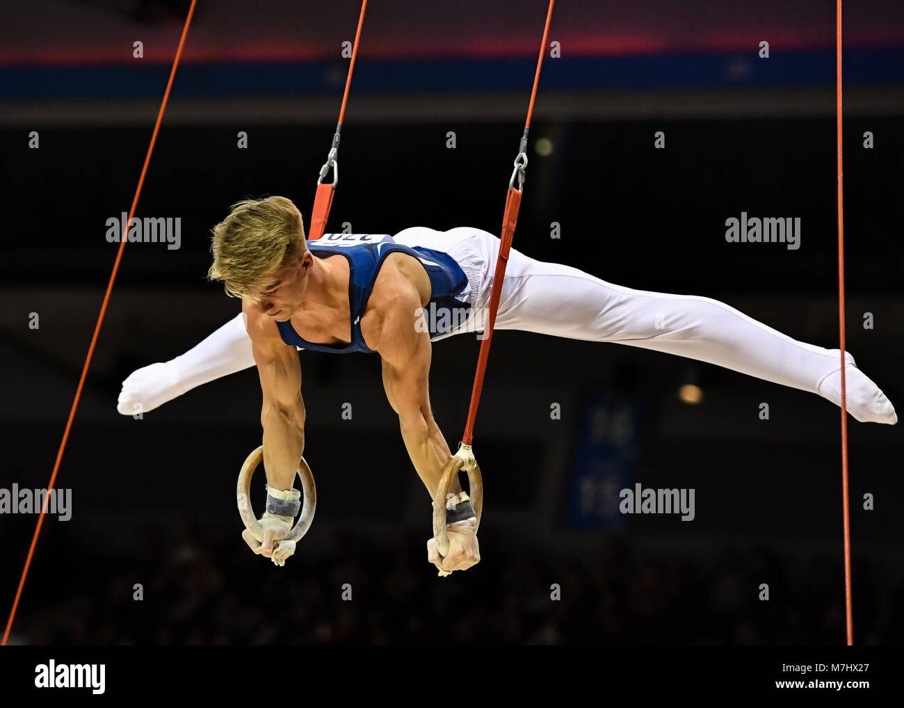 Liverpool, UK. 10th March, 2018. Gaius Thompson competes on the Still ...