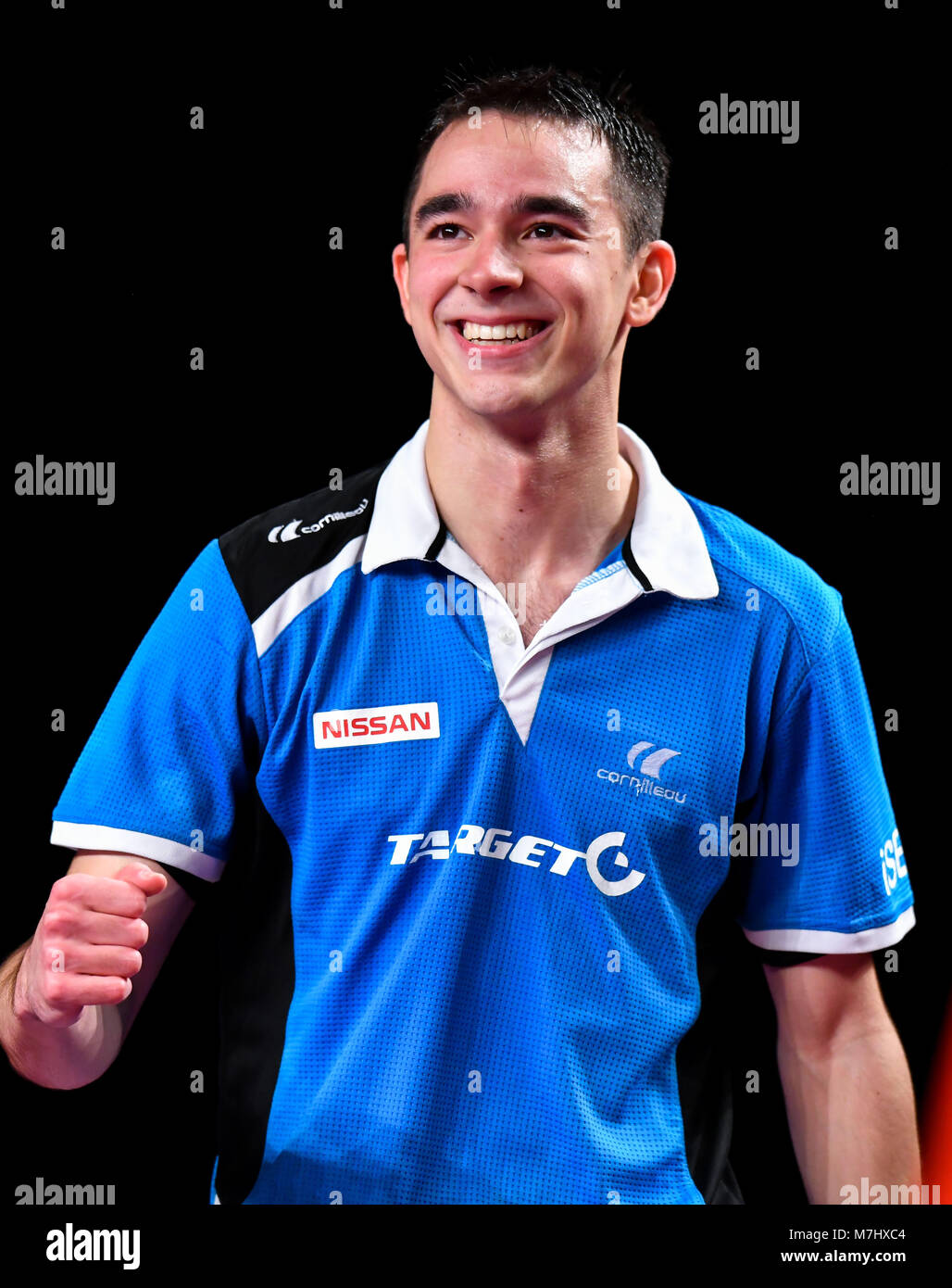 Doha. 10th Mar, 2018. Hugo Calderano of Brazil celebrates after winning ...