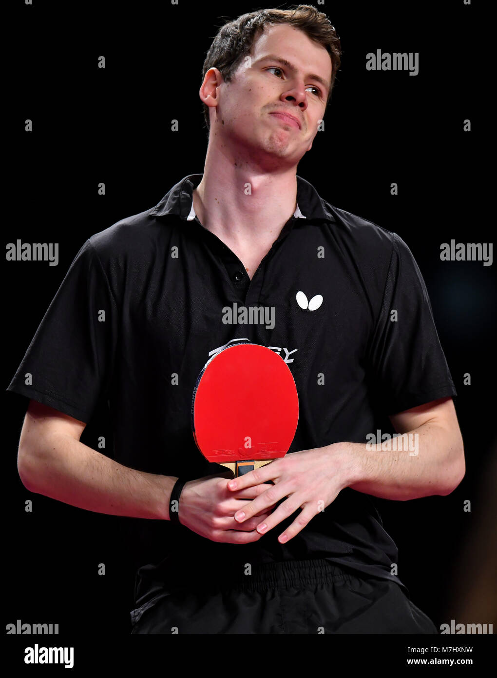 Doha. 10th Mar, 2018. Jonathan Groth of Denmark reacts during the men's ...