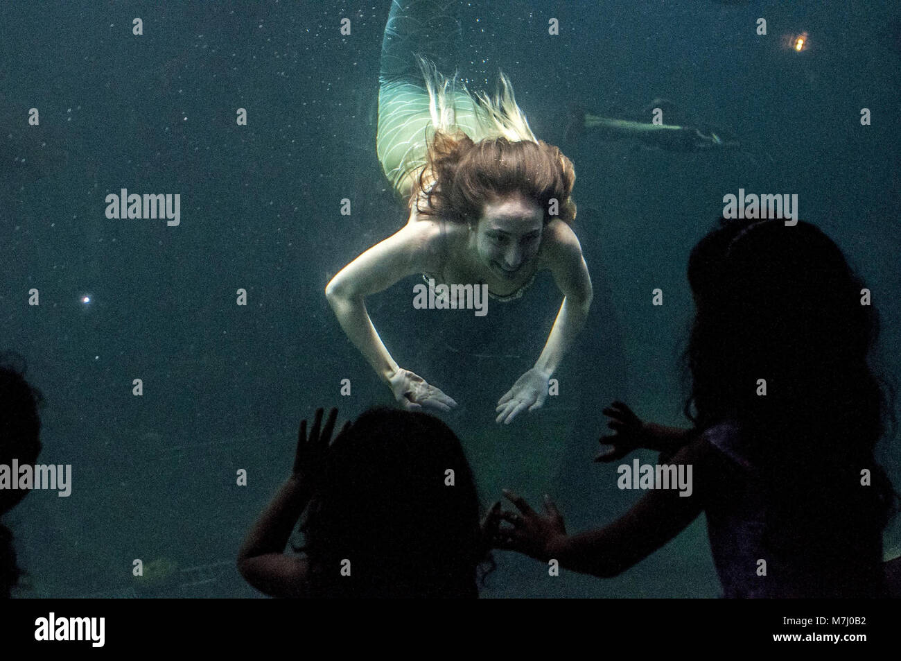 Sao Paulo, Brazil. 11th March, 2018. Visitors watch mermaid, as she ...