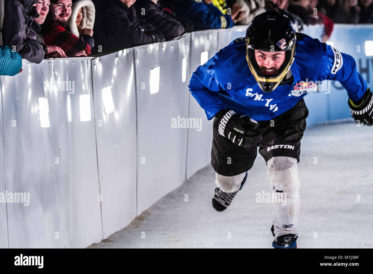 Edmonton, Alberta, Canada. 10th Mar, 2018. Eli Krieter stretches it out ...