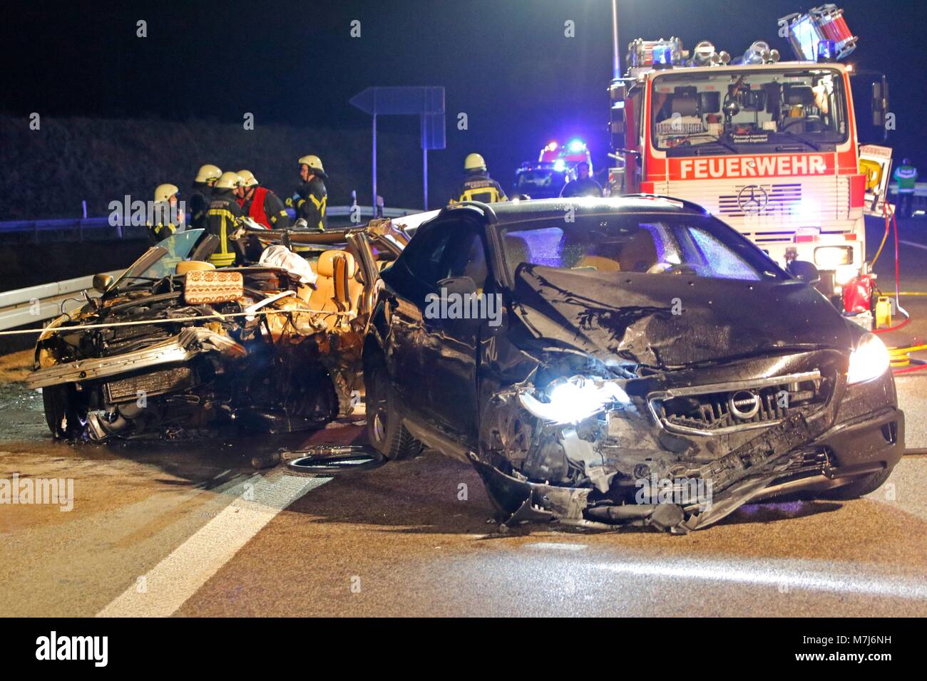 10 March 2018, Germany, Leipzig: The accident site at the motorway A 14 ...