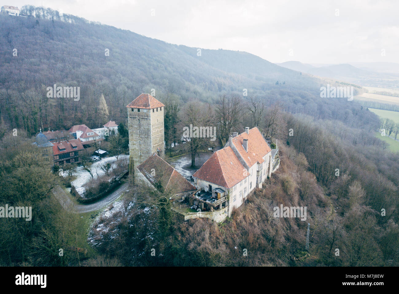 An aerial view depicts the Schaumburg Castle in the Weserbergland ...