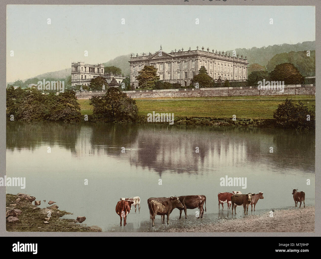 A photograph showing the front facade of Chatsworth House in Derbyshire ...