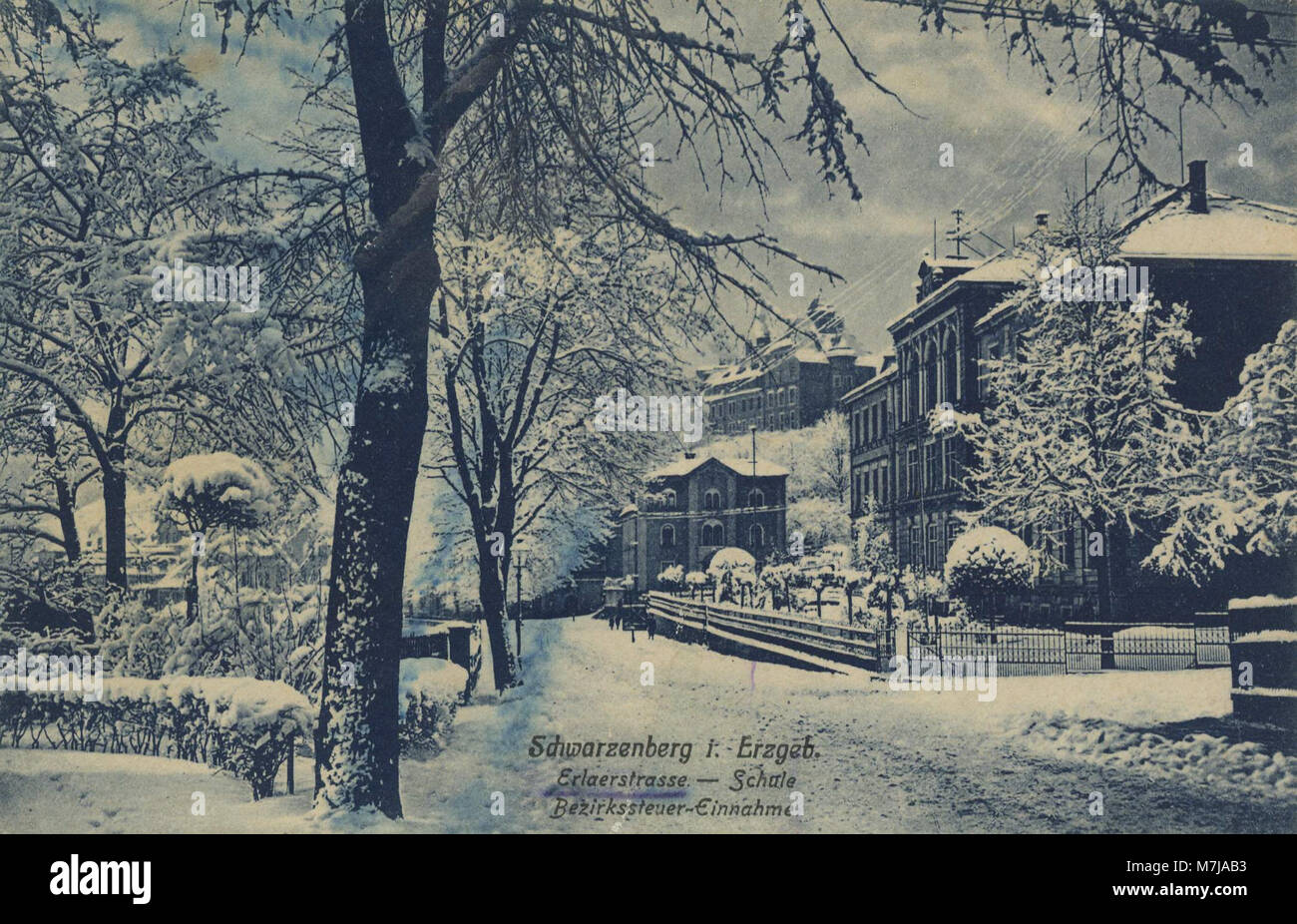 A historical postcard depicting the Erlaerstraße in Schwarzenberg ...