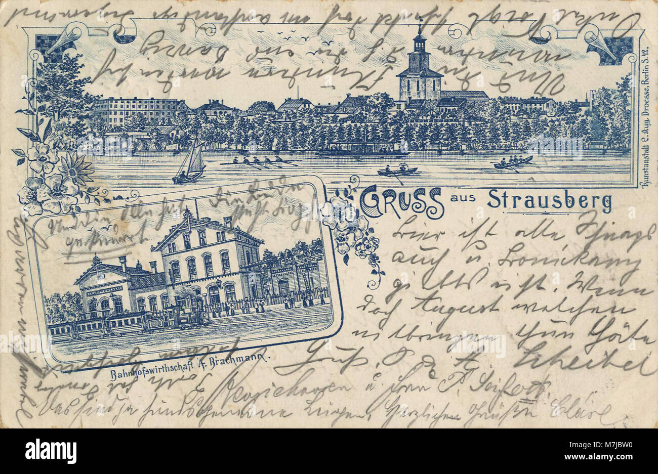 This vintage postcard shows the Bahnhofswirtschaft in Strausberg ...