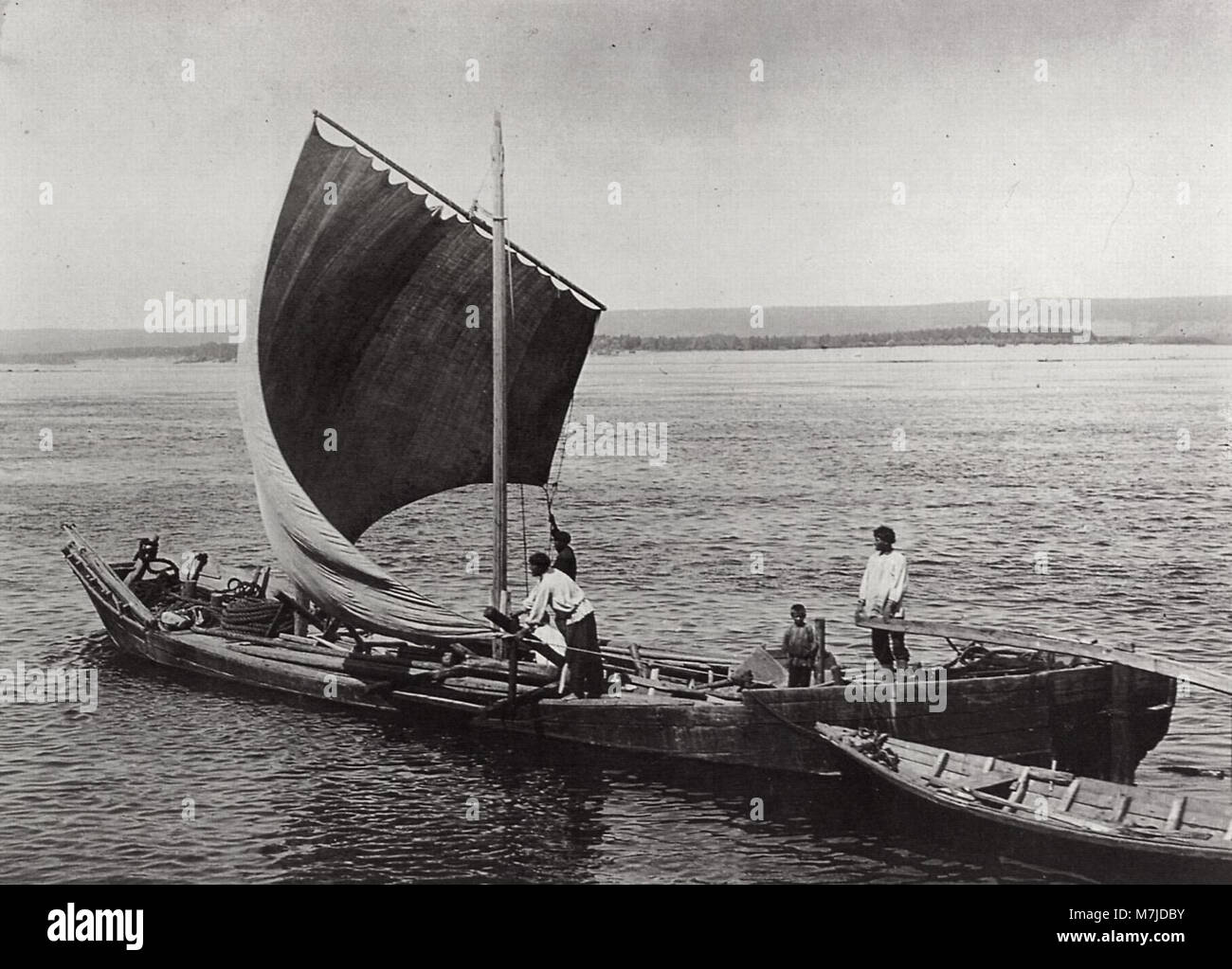 A photograph by A. Vasil'ev, showing fishing boats on the Volga River ...