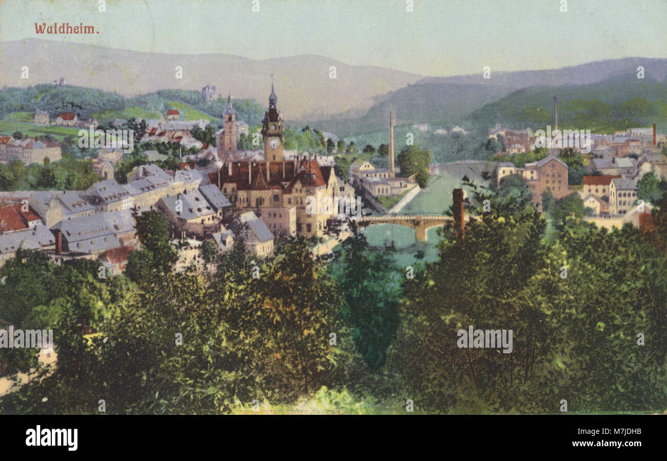 A historical postcard depicting a city view of Waldheim, a town in ...
