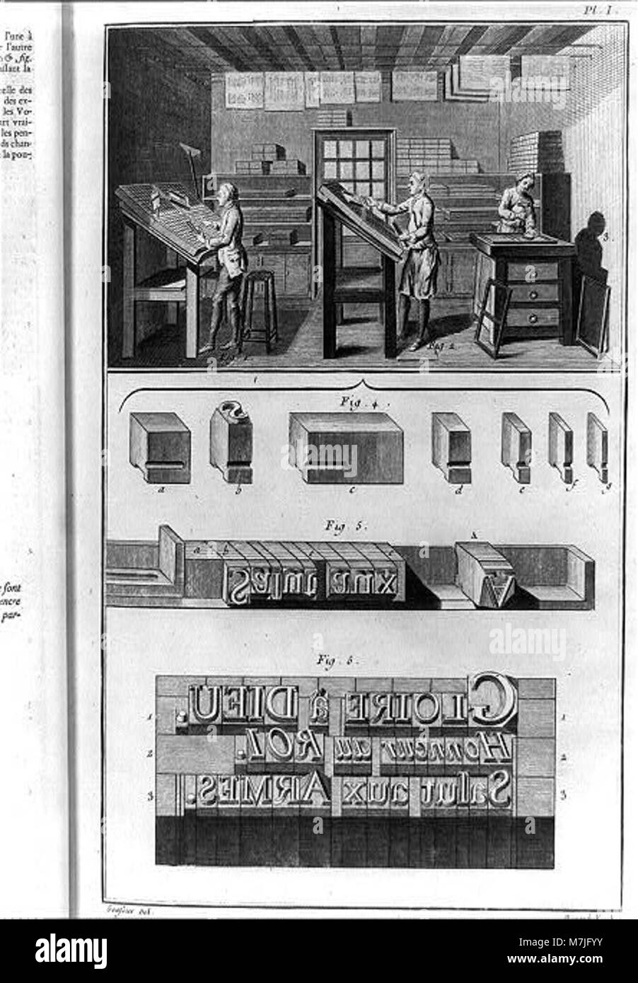A scene from a composing room showing three workers handling loose type ...