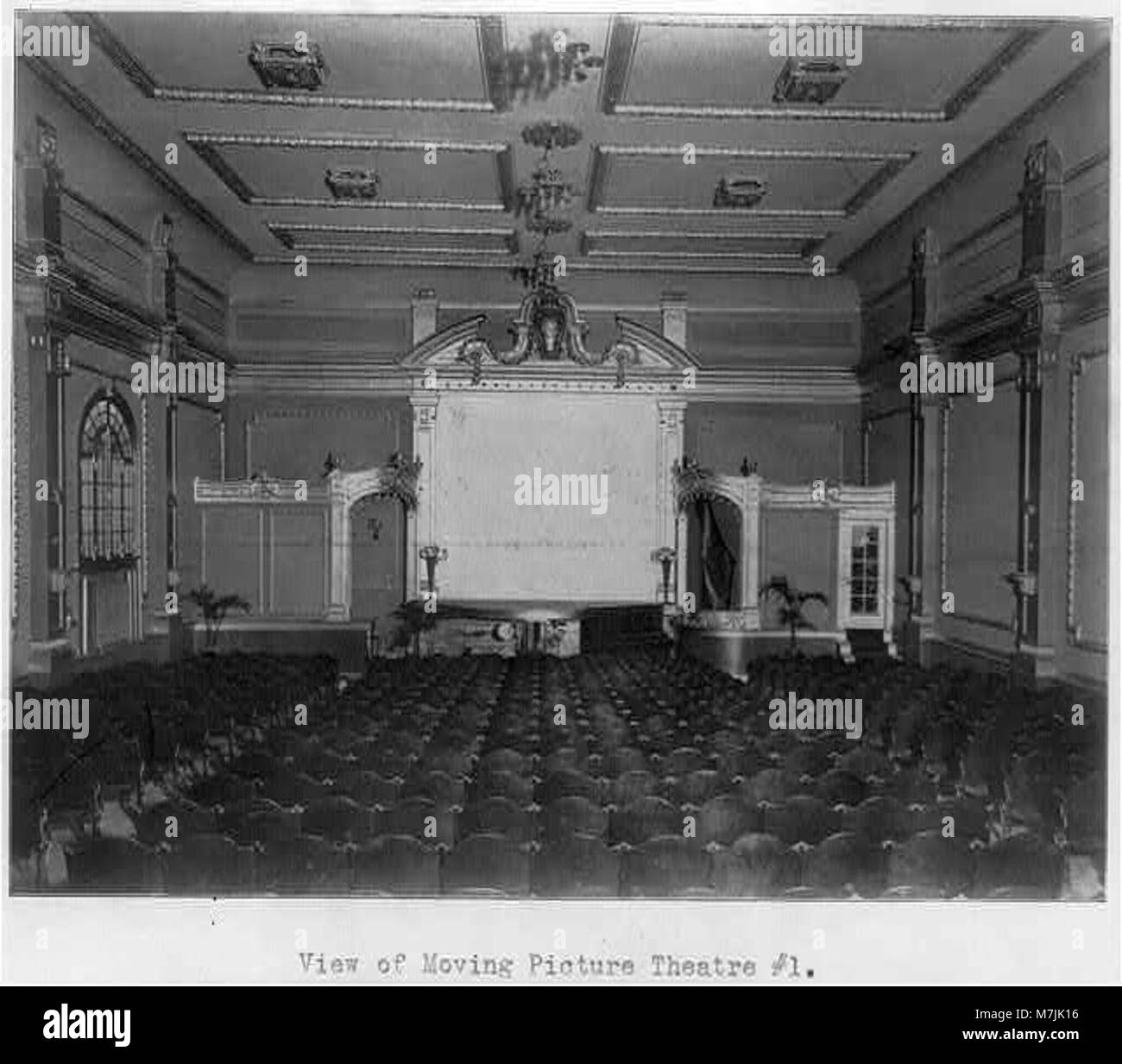 An interior view of an unidentified moving picture theater, showcasing ...