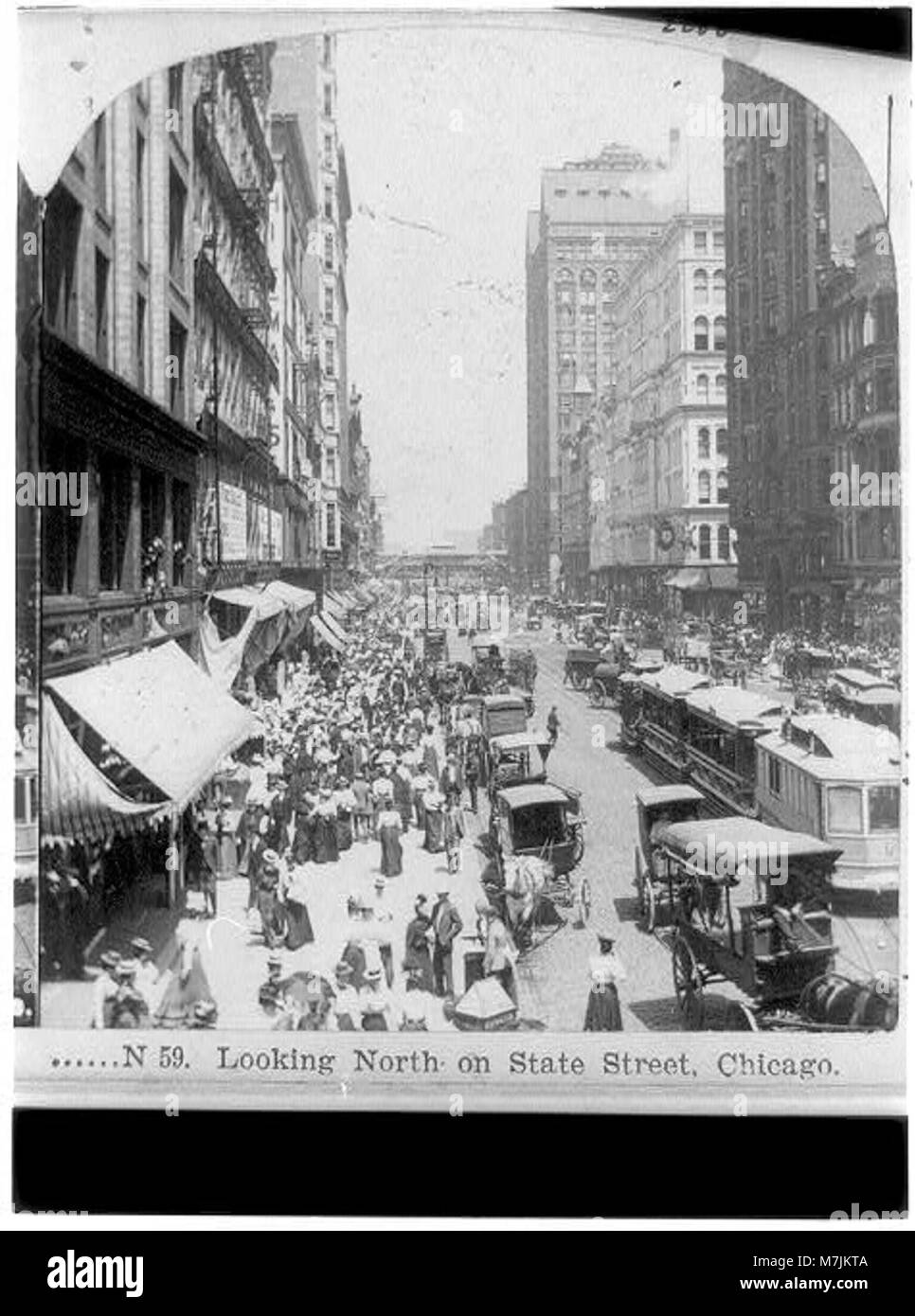 A photograph capturing a view looking north on State Street in Chicago ...
