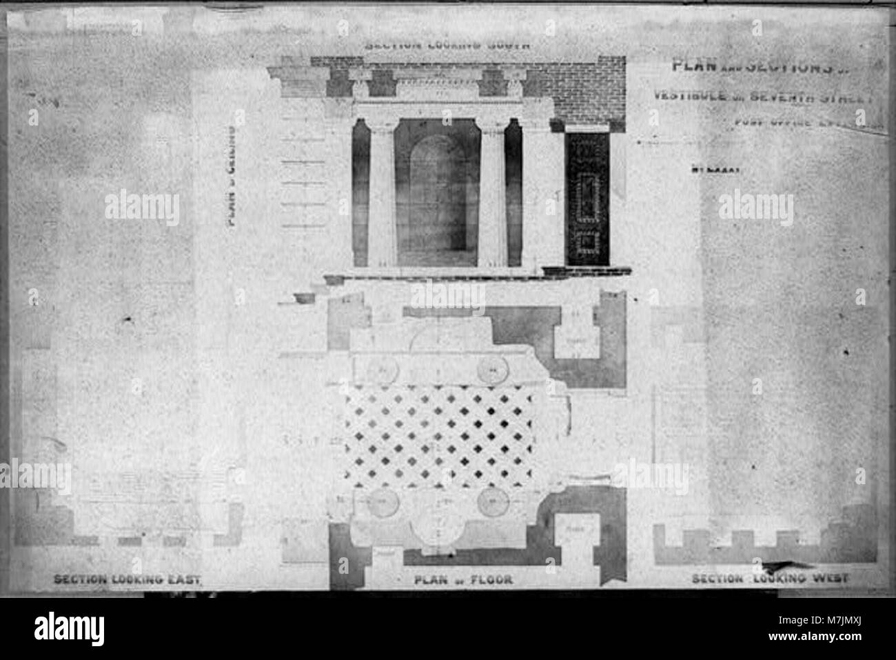 This architectural drawing shows the plan and sections of the vestibule ...