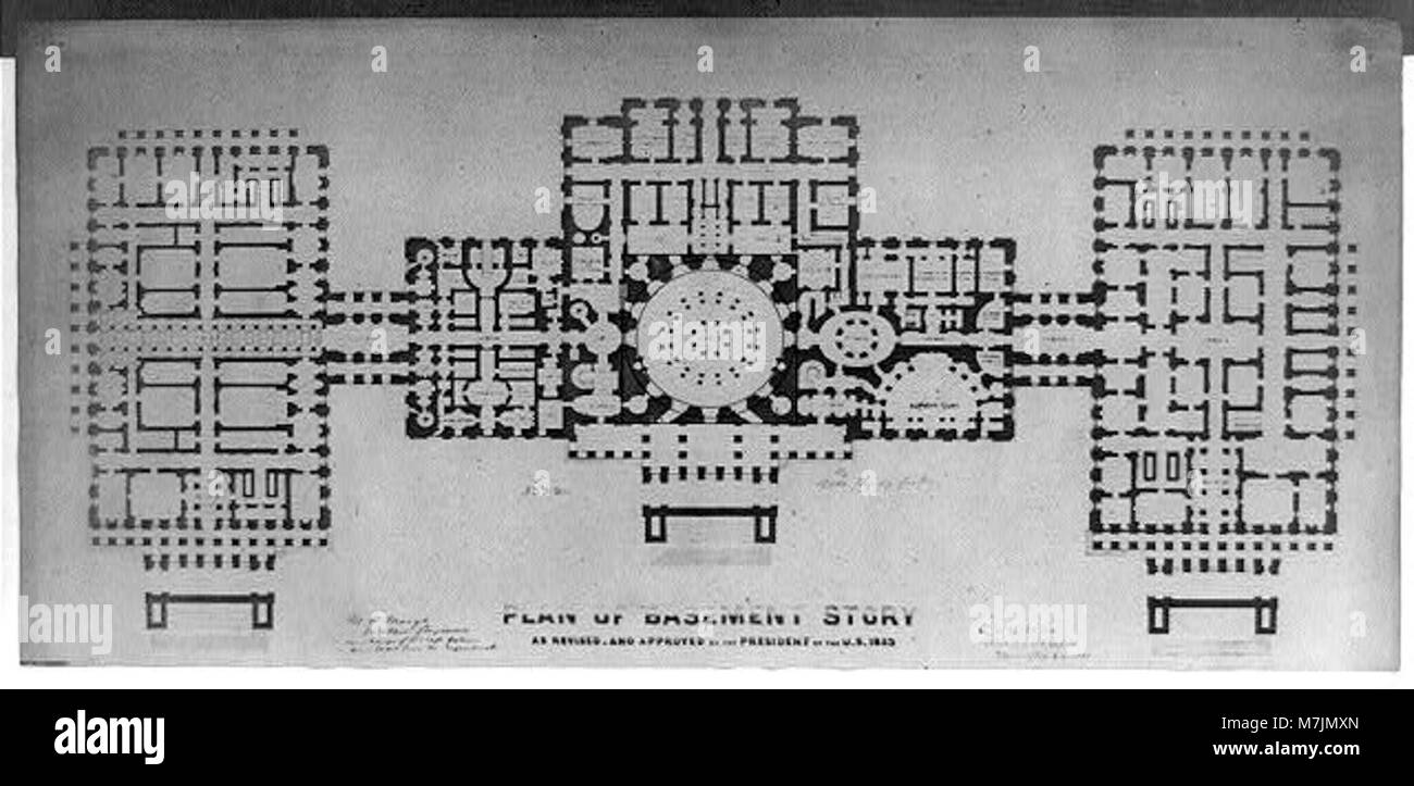 A detailed architectural plan of the basement story of a building ...