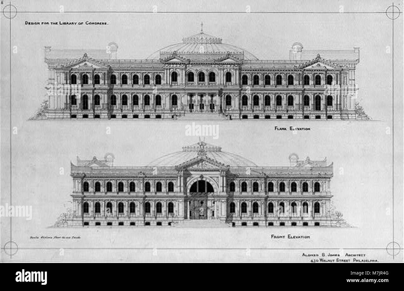 A detailed architectural drawing showing the front and flank elevations ...