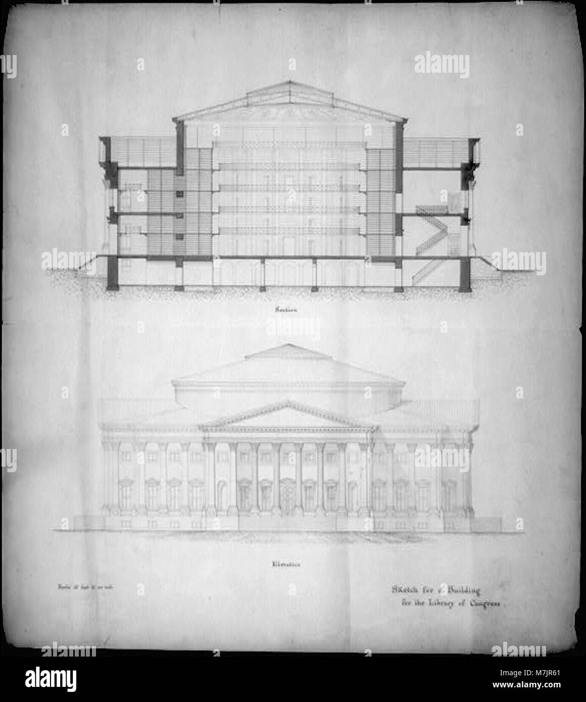 An architectural elevation and section drawing of the Library of ...