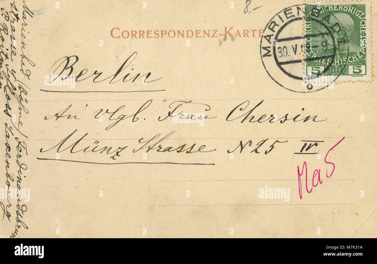 A postcard of Marienbad (now Mariánské Lázně), Czech Republic, showing Kaiserstraße, a central ...