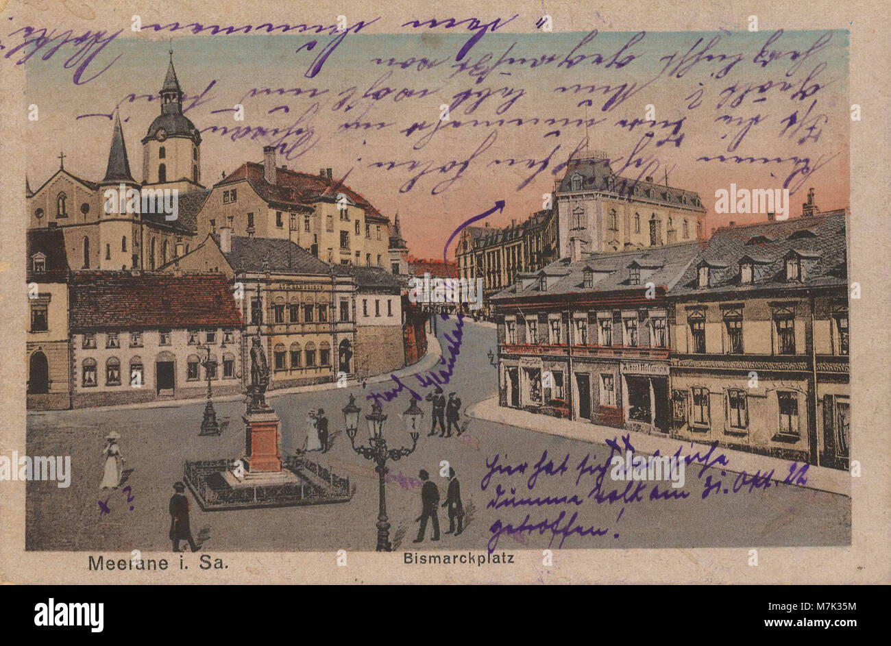 A historical postcard of Bismarckplatz in Meerane, Sachsen, showcasing ...