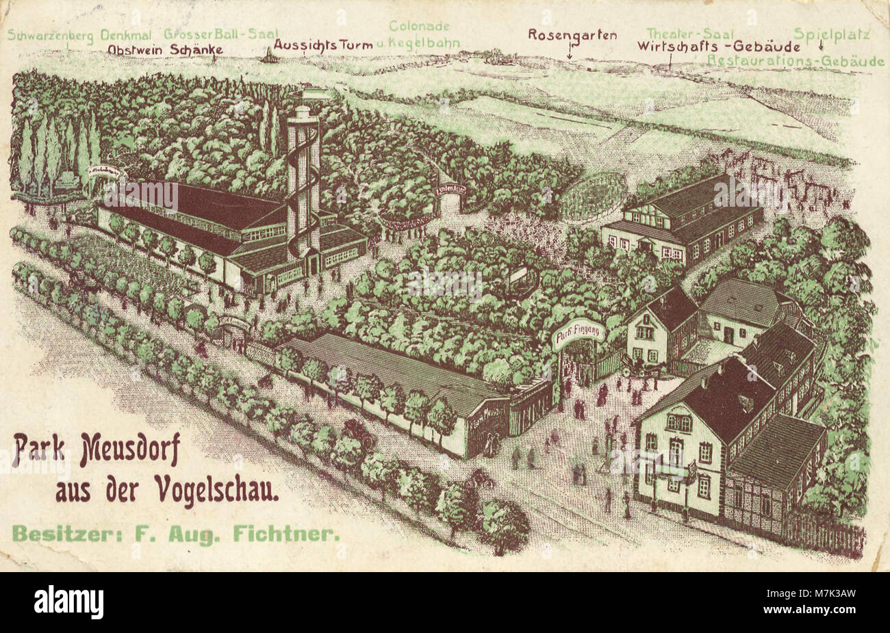 A postcard from Meusdorf, Saxony, showing a bird's-eye view of a park ...