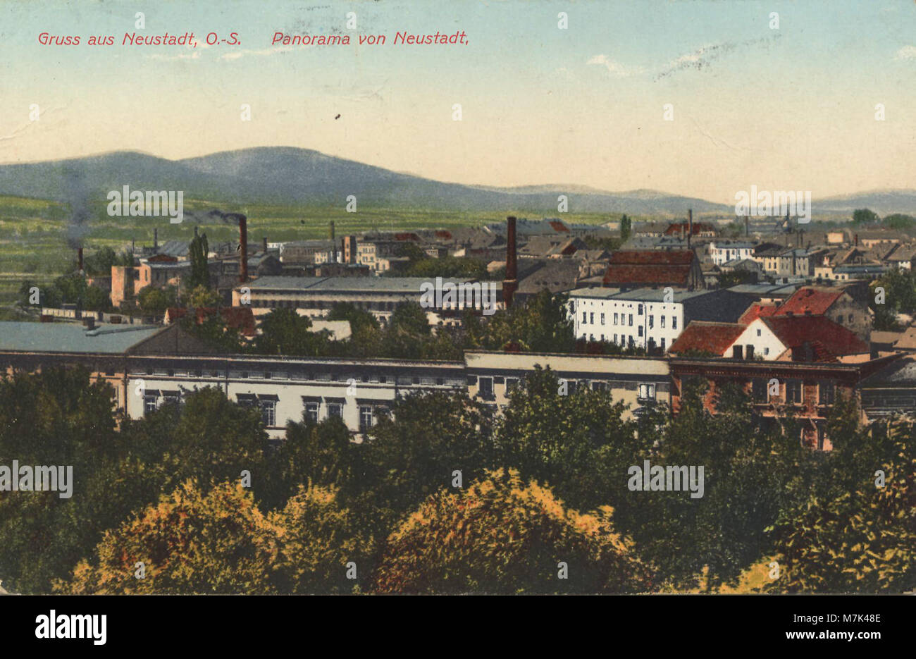 A historical postcard depicting a city view of Neustadt in Silesia ...