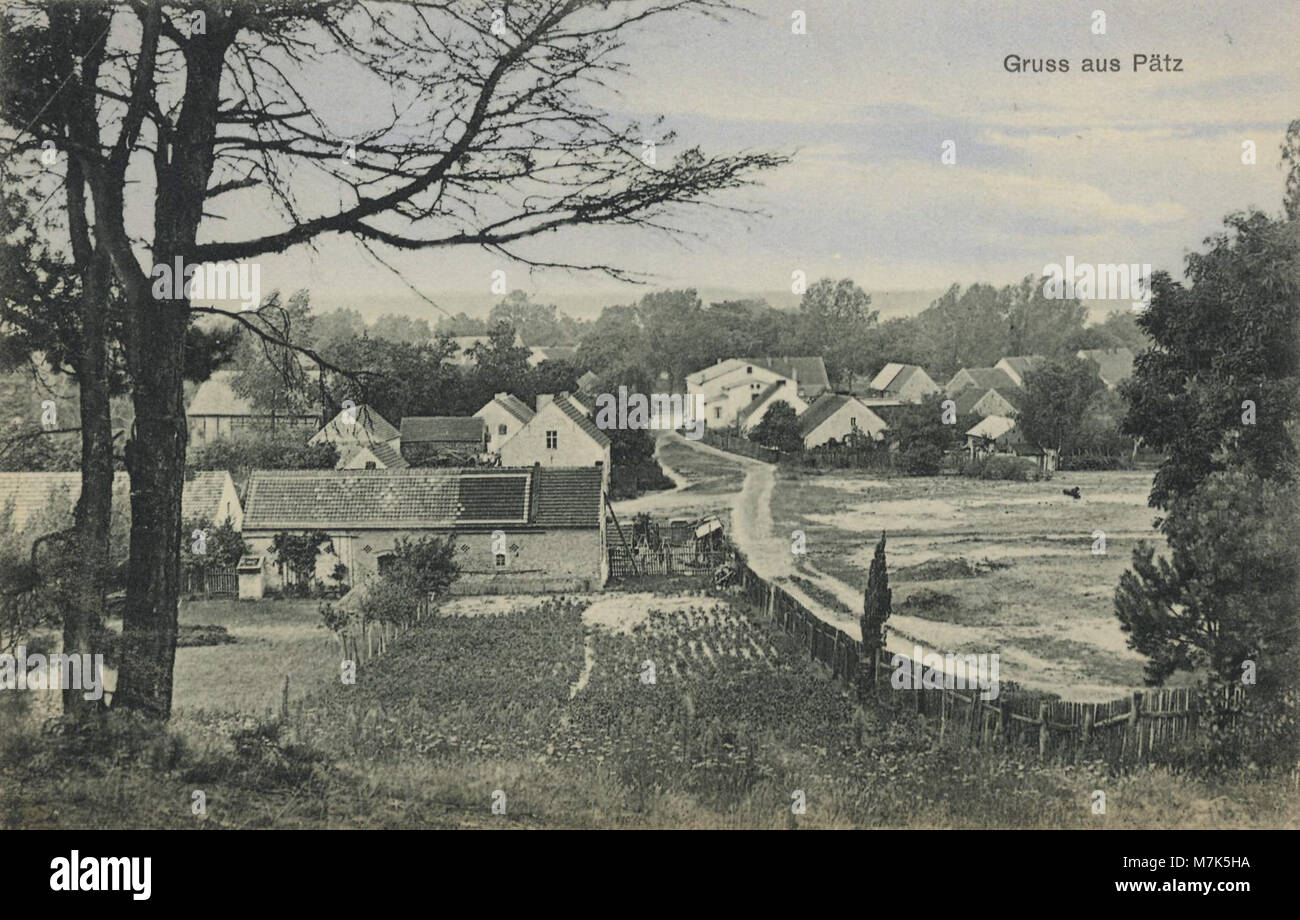 A historic postcard depicting the cityscape of P,tz, Brandenburg ...
