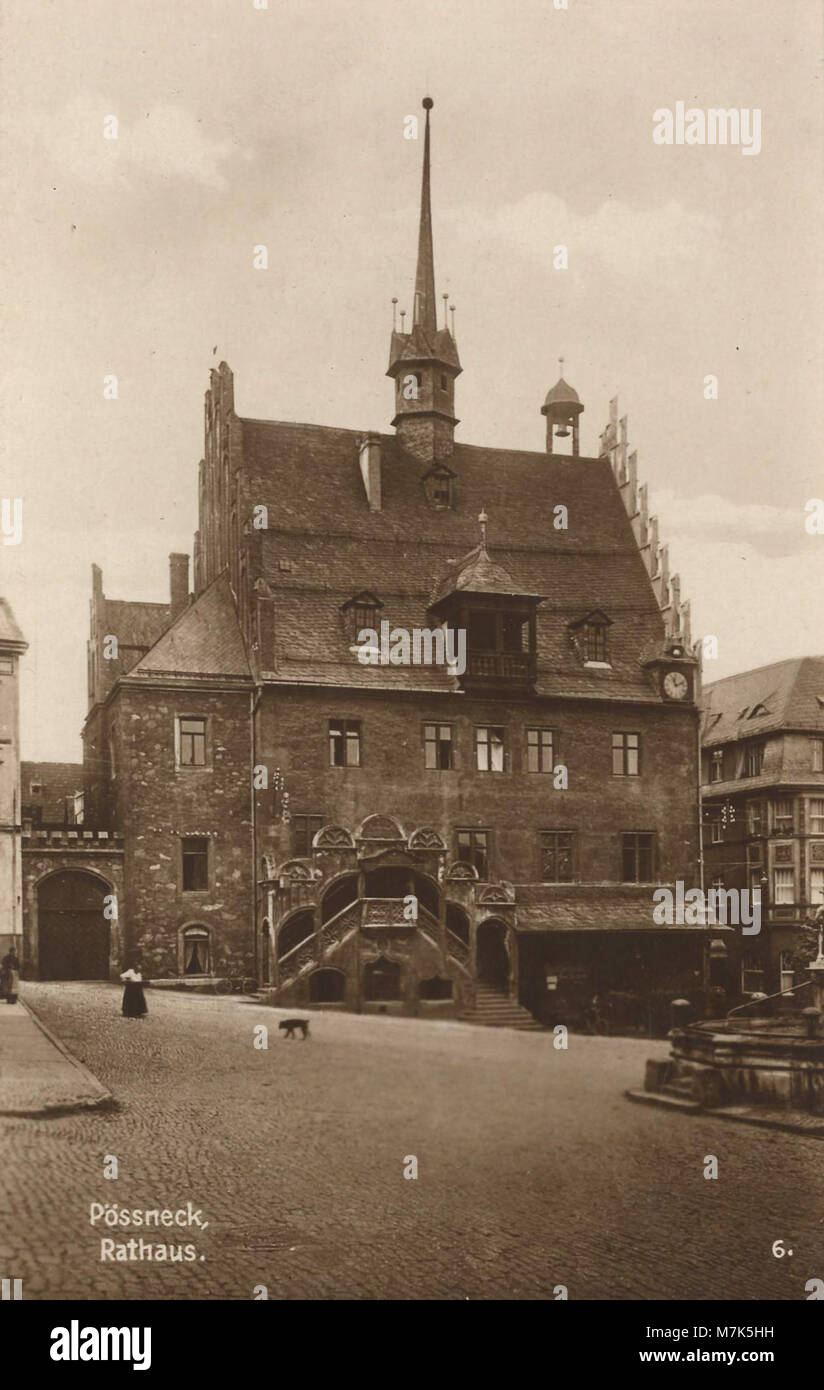 A historical postcard showing the Rathaus (town hall) in Pößneck ...