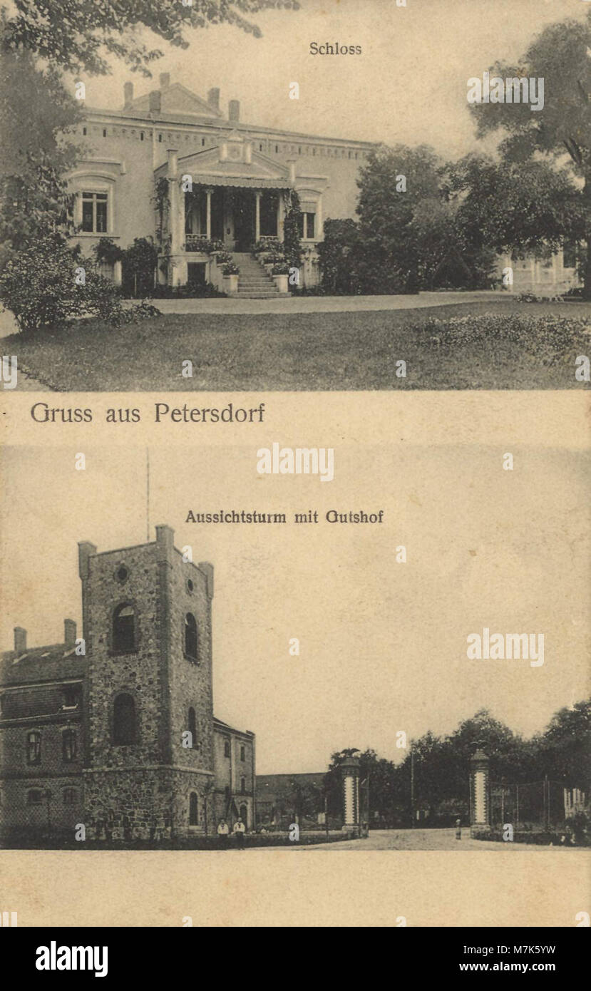 This vintage postcard from Petersdorf, East Prussia, depicts a castle ...