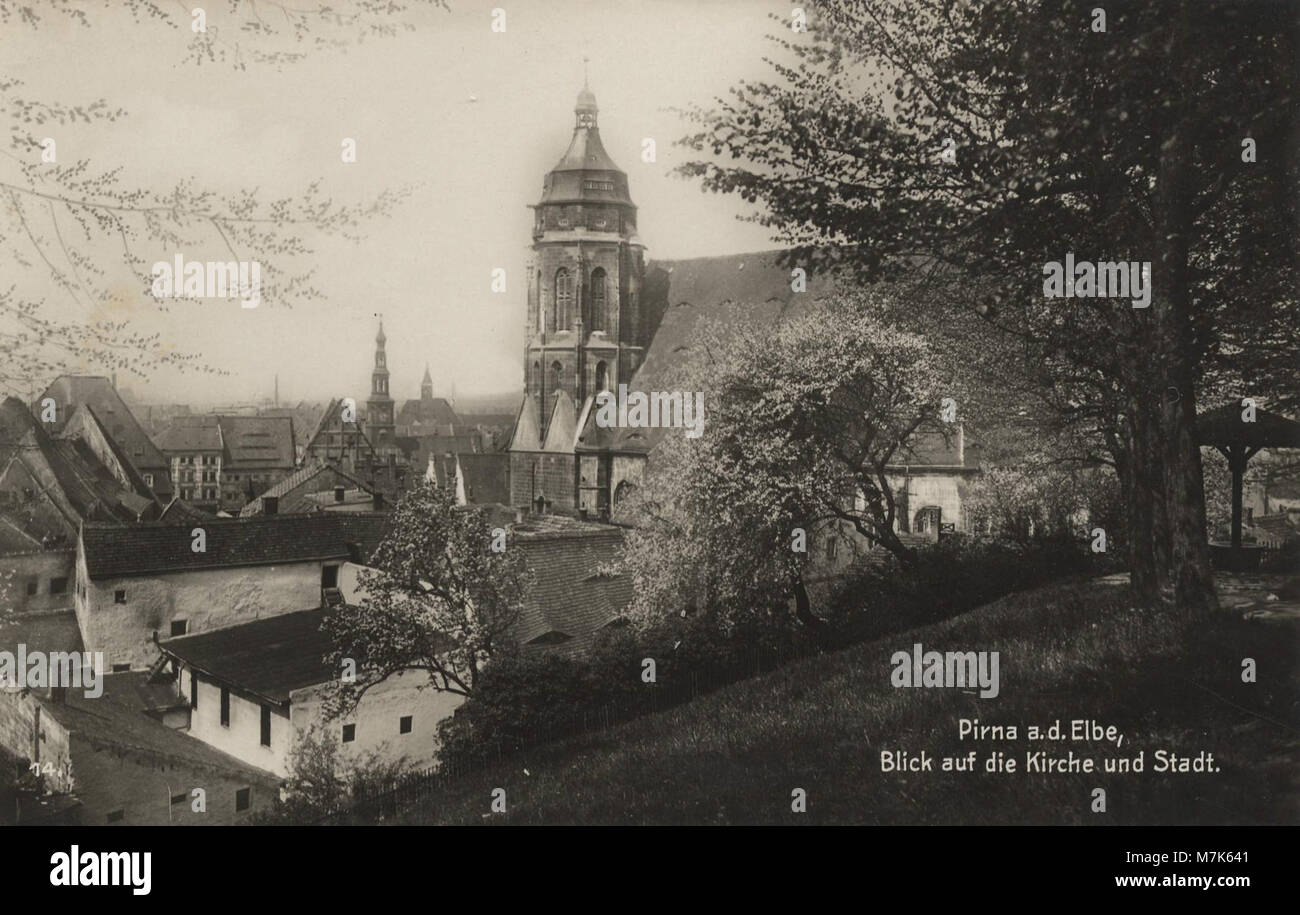 A postcard of Pirna, Saxony, depicting the town view with a church ...