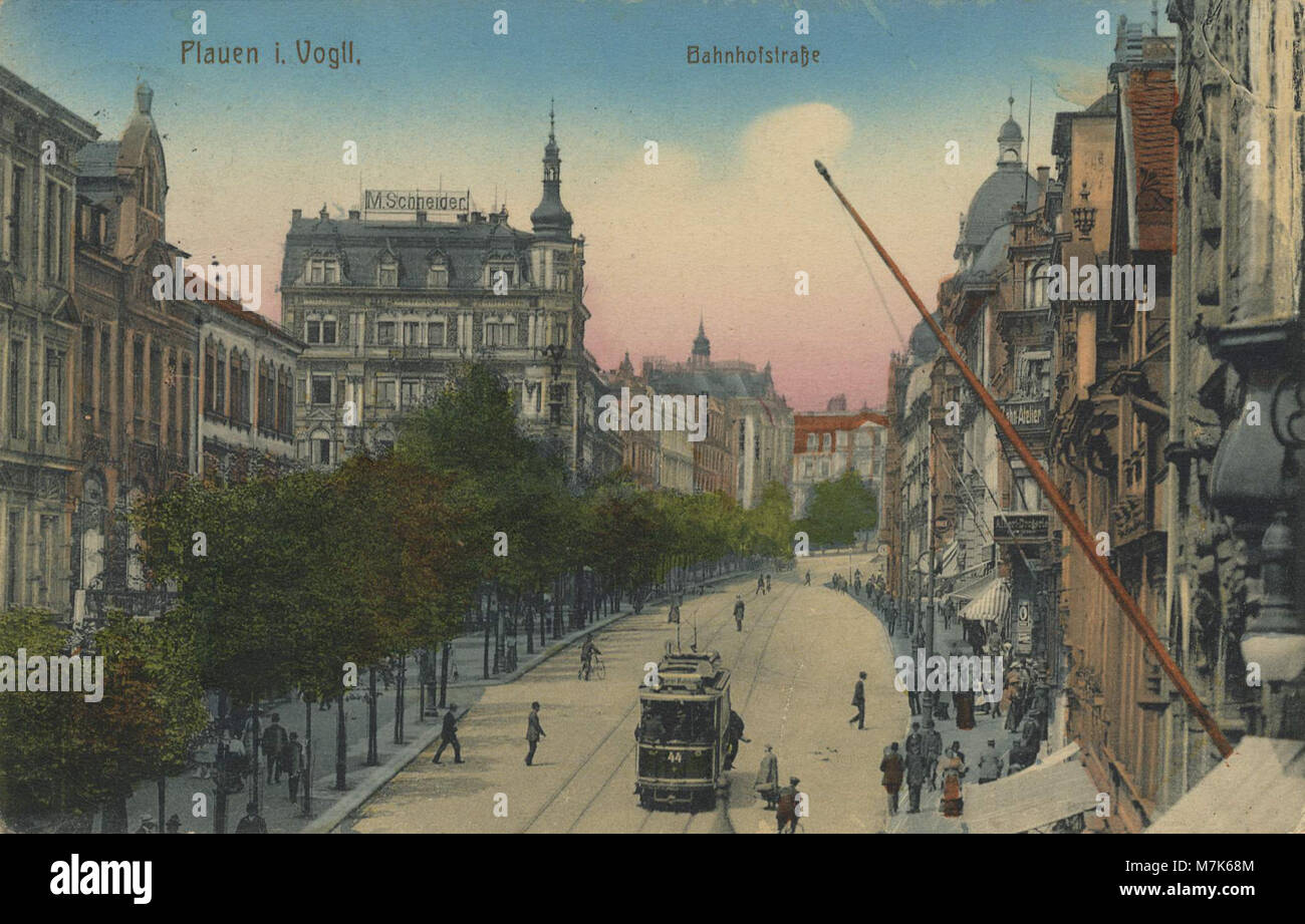 This postcard features a view of Bahnhofstraße in Plauen, Saxony ...