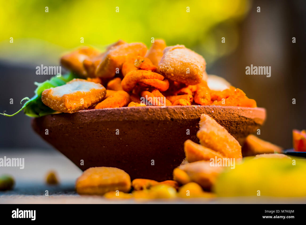 Close up of Indian appetizer, tikha gathiya, bhavnagri gathiya, served ...