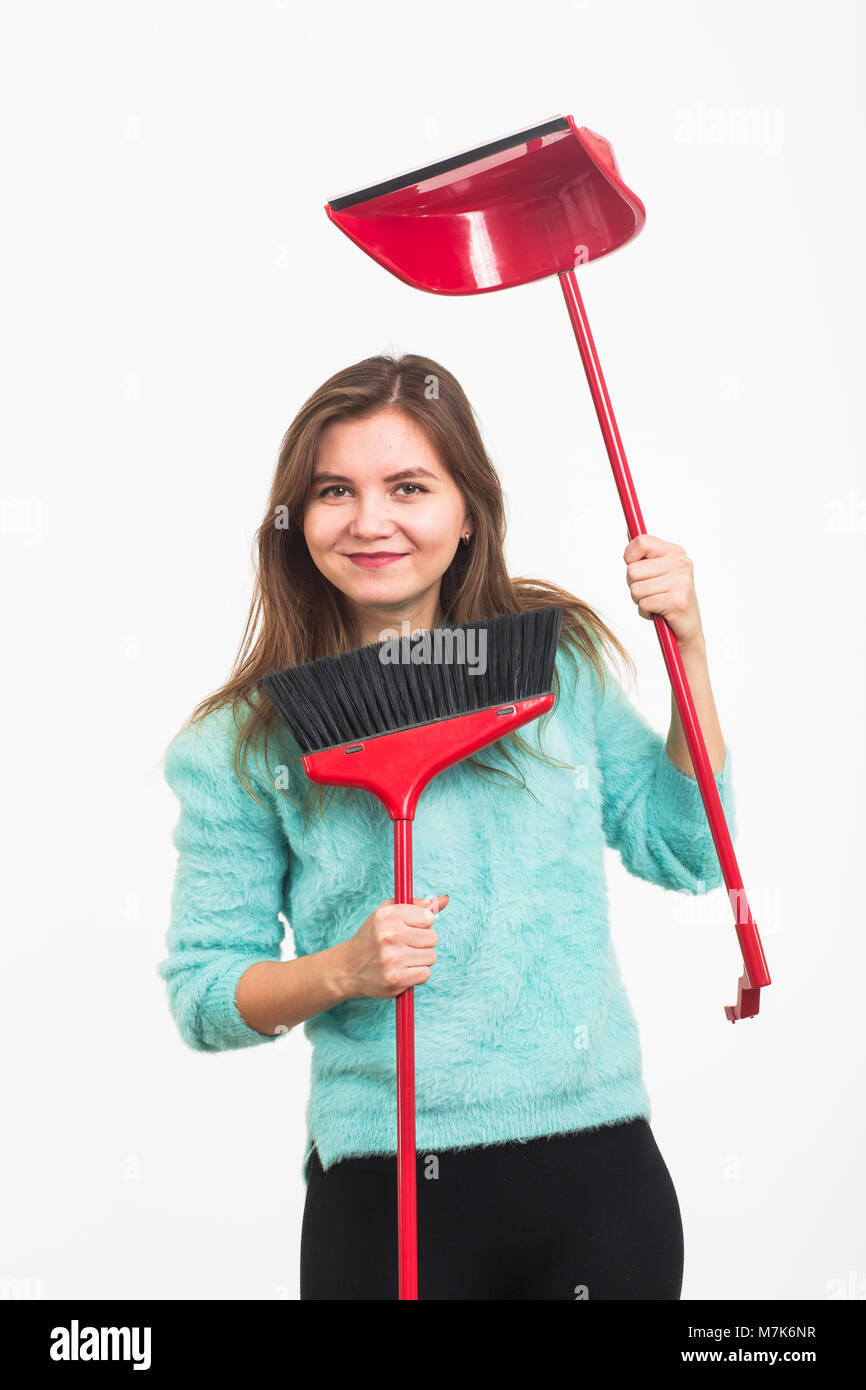 Funny Cleaning women happy excited during cleaning. isolated on white ...