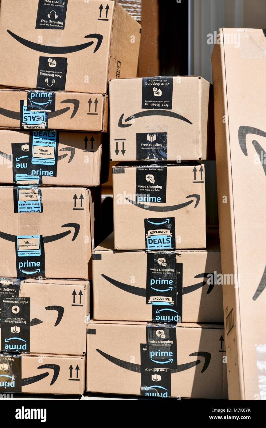 Stack of Amazon Prime boxes, USA Stock Photo - Alamy
