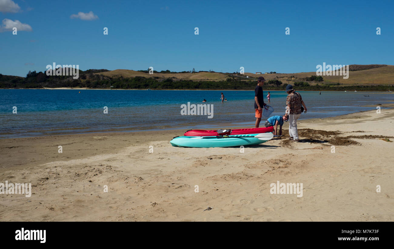 Two boys digging a hole in the sand beside their kayak on the shore ...