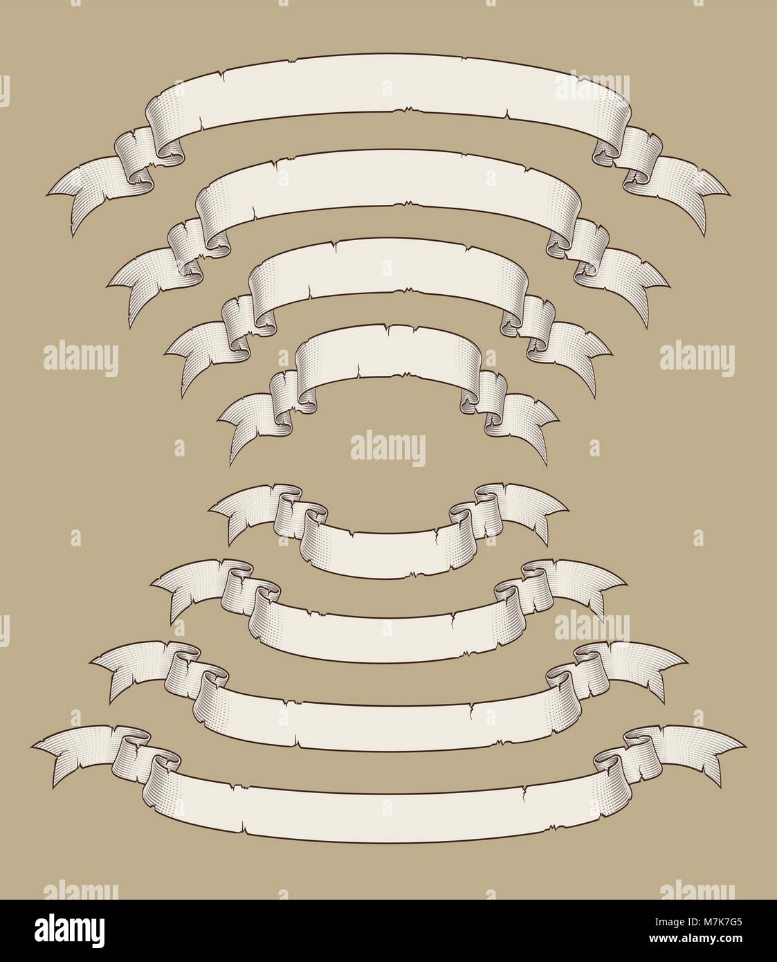Vector illustration of age old papyrus or parchment ribbons. Four sizes ...