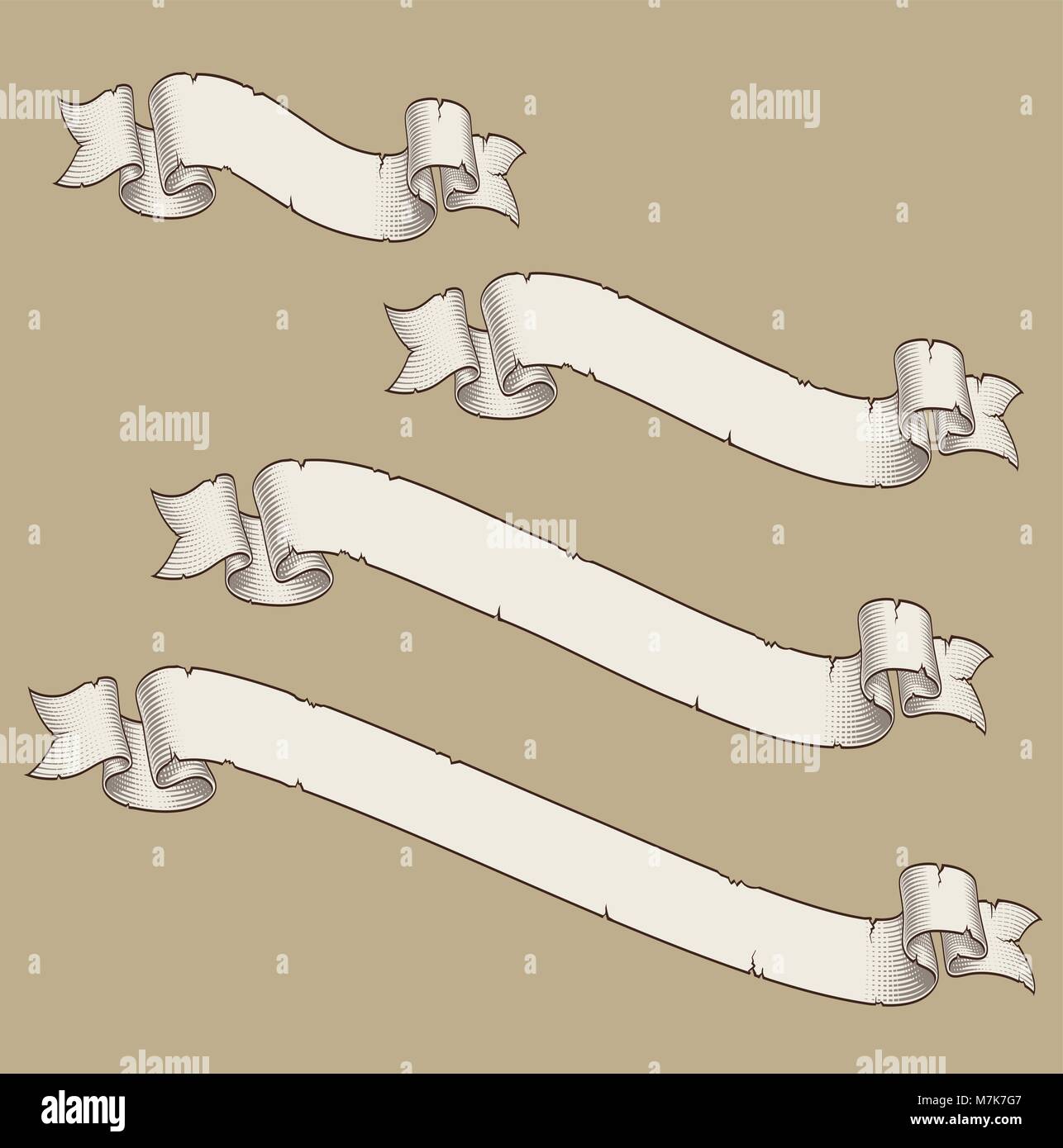 Vector illustration of age old papyrus or parchment ribbons. Four sizes ...