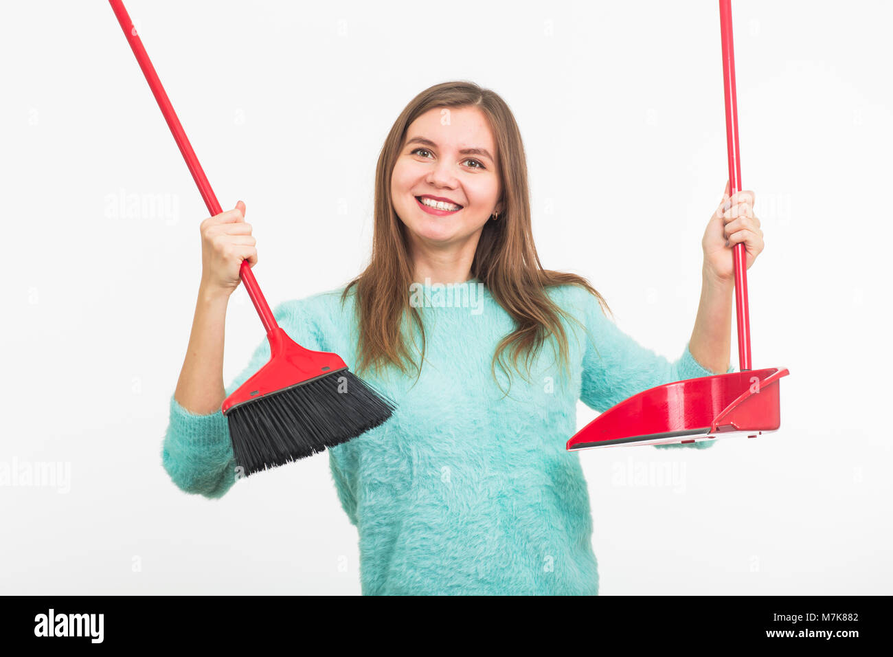Funny Cleaning women happy excited during cleaning. isolated on white ...