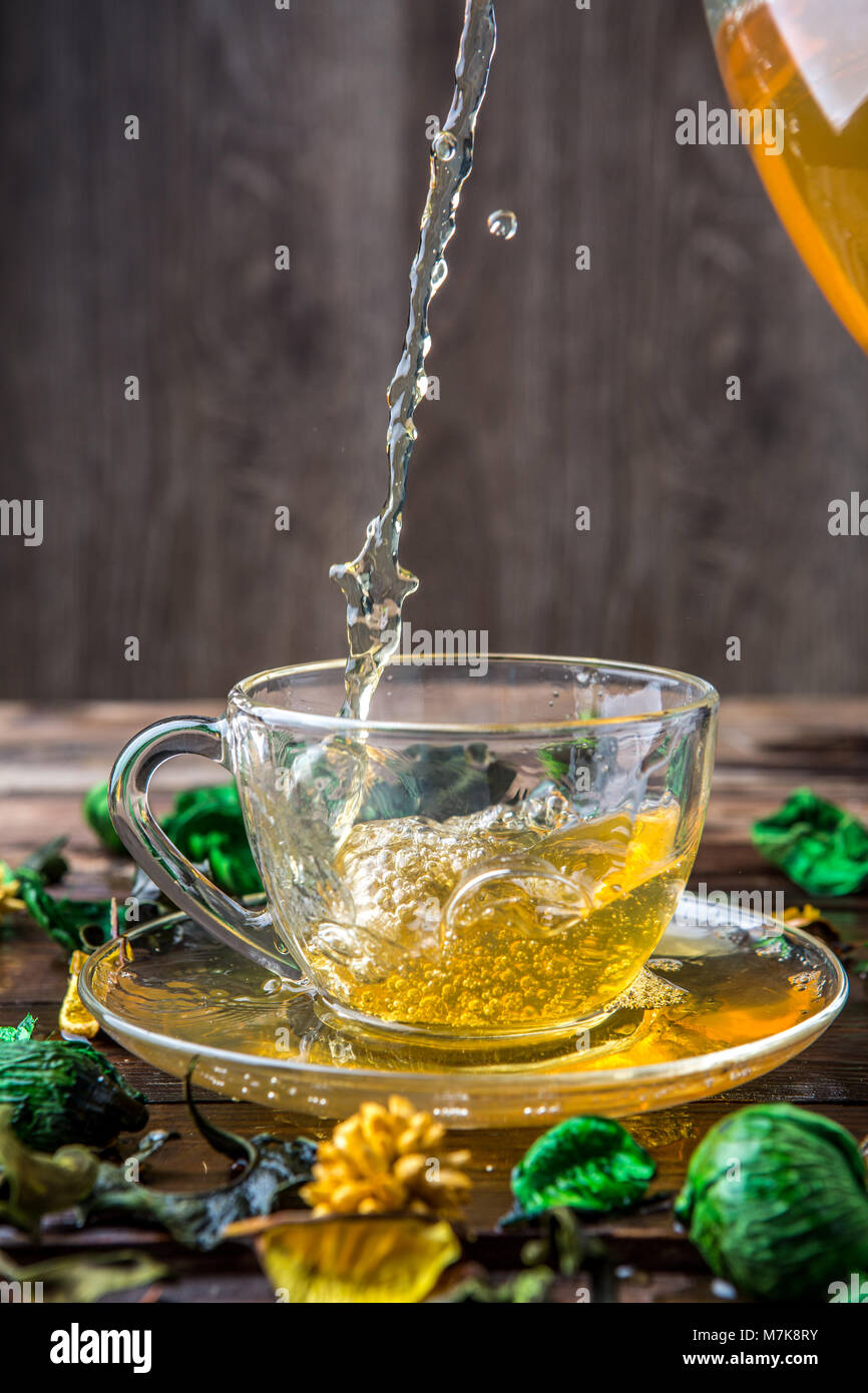 Green tea poured from jug Stock Photo - Alamy