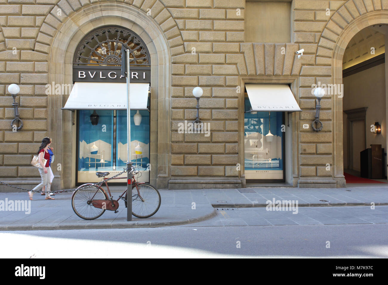FLORENCE, JUNE 30 2013: Bulgari windows display in Florence in Summer ...