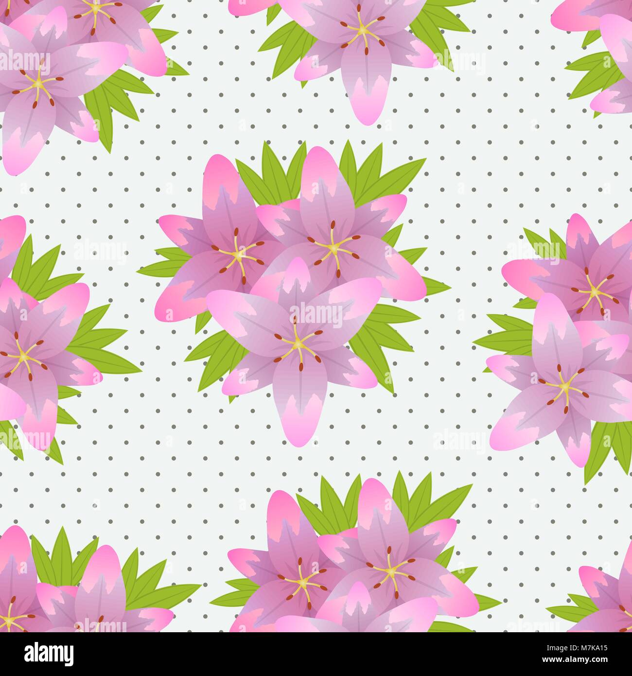 Seamless flower texture with lilac lilies on a substrate with a dot ...