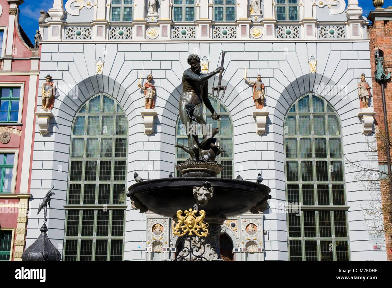 Neptune Fountain - symbol of Gdansk, located at Long Market against ...