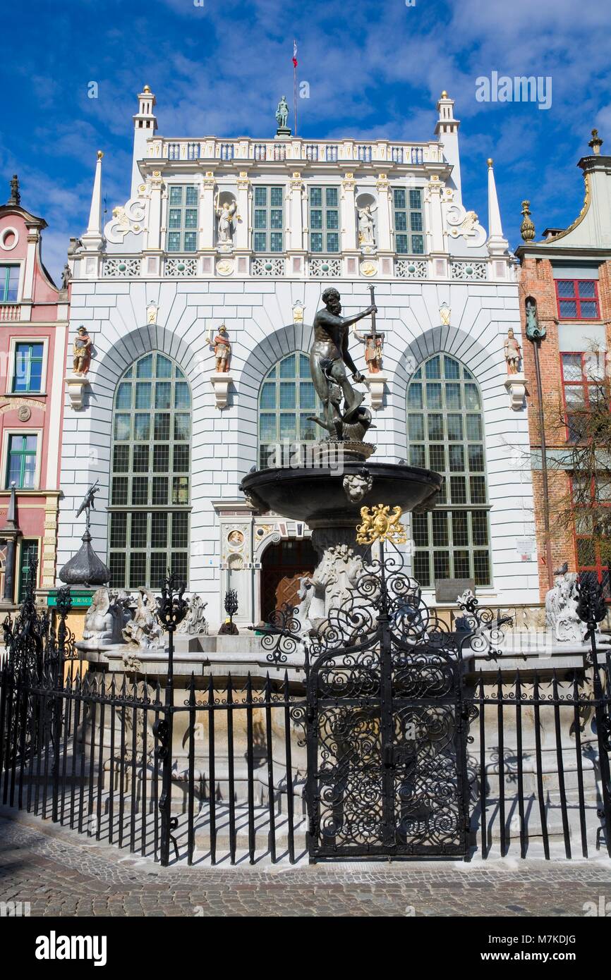 Neptune Fountain - symbol of Gdansk, located at Long Market against ...