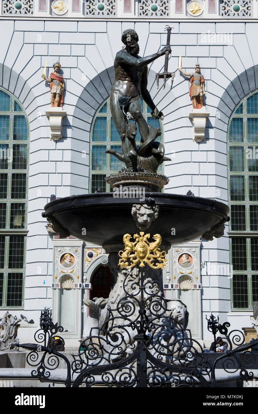 Neptune Fountain - symbol of Gdansk, located at Long Market against ...
