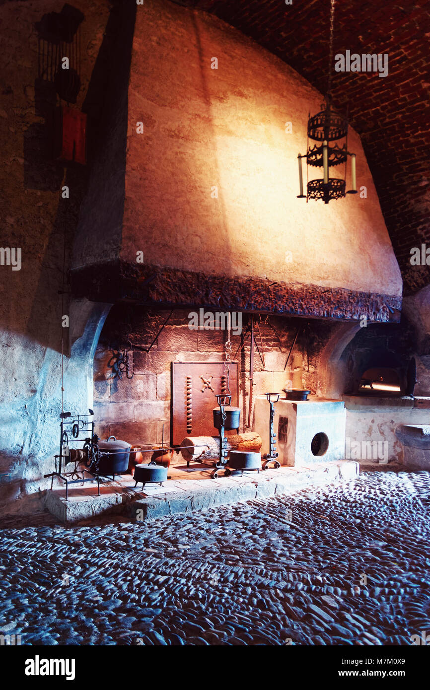 Gruyeres, Switzerland - December 31, 2014: Ancient houseware displayed ...