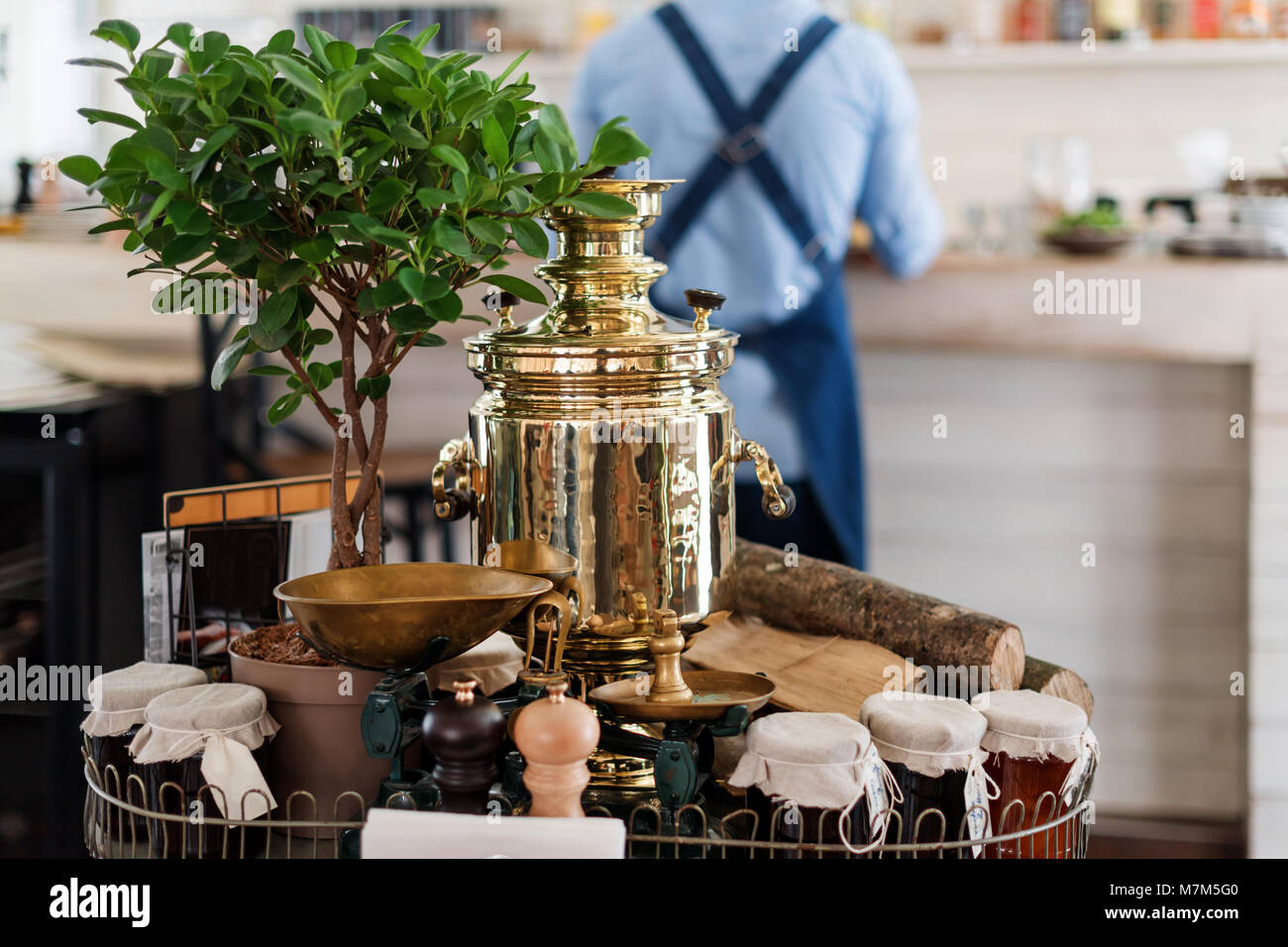 Decoration in restaurant with russian samovar. Tea drinking table ...