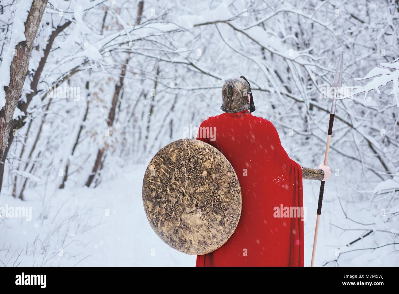Close up of spartan man standing in winter forest Stock Photo - Alamy