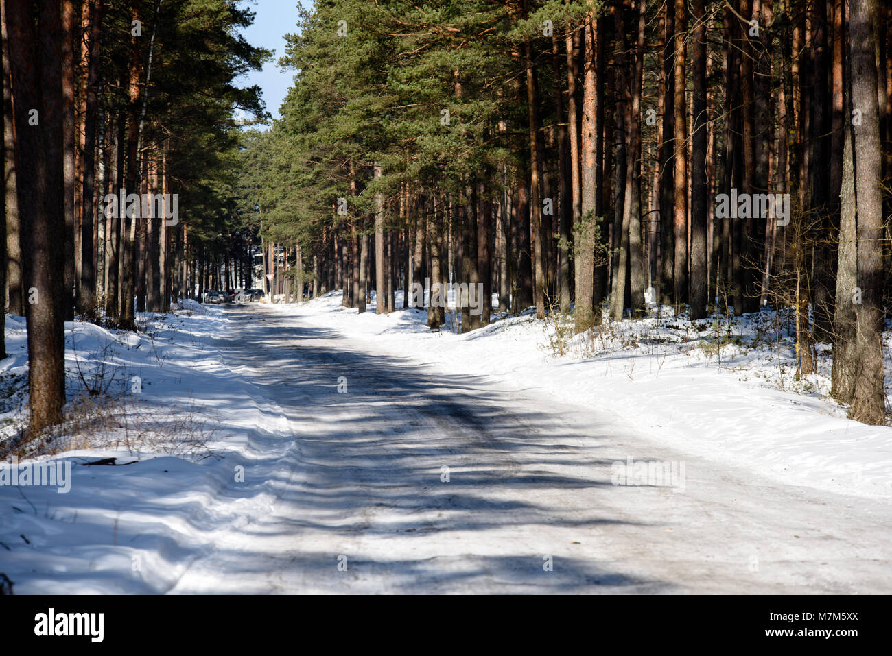 snowy winter road covered in deep snow with car tire tracks going in ...