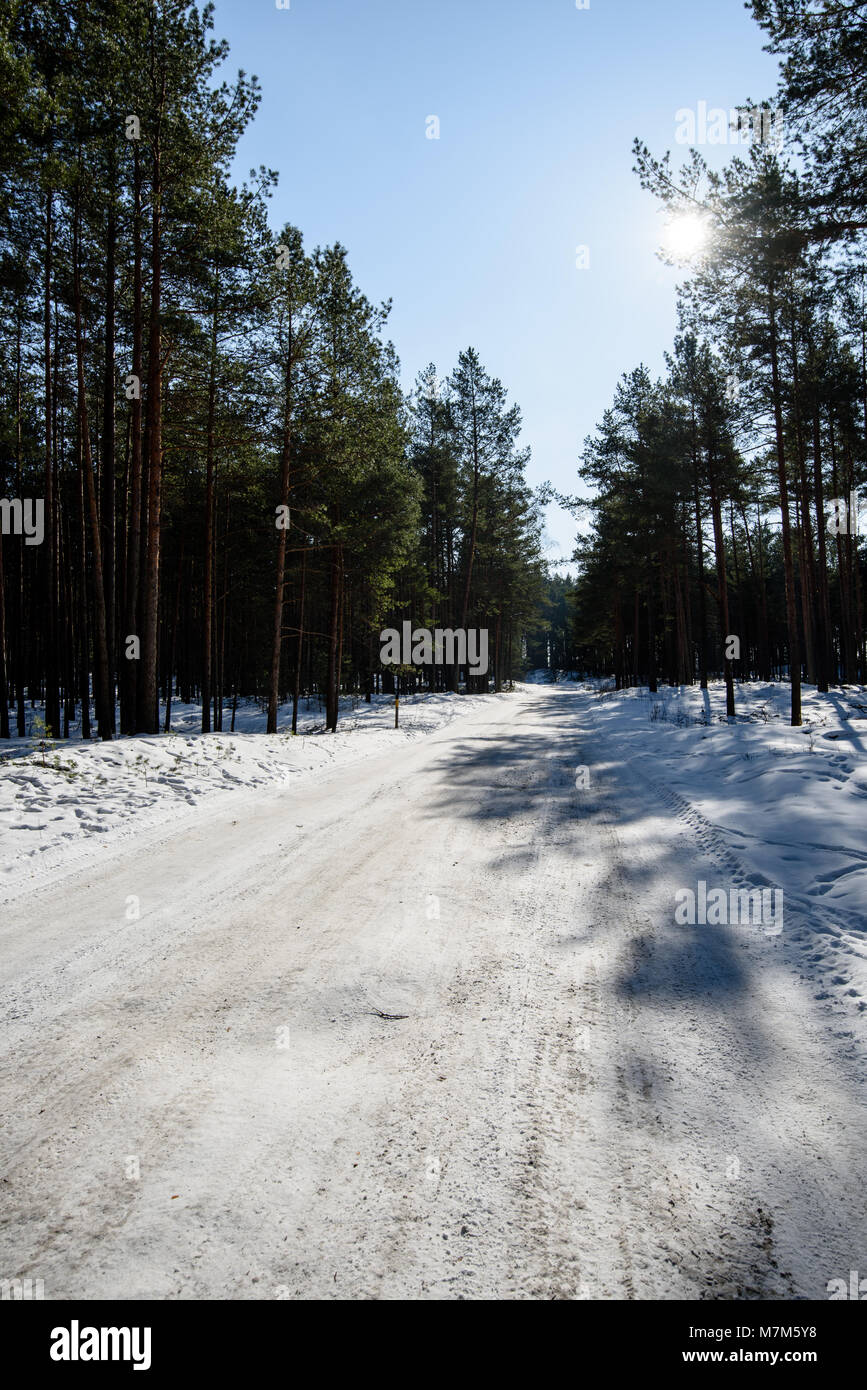 snowy winter road covered in deep snow with car tire tracks going in ...